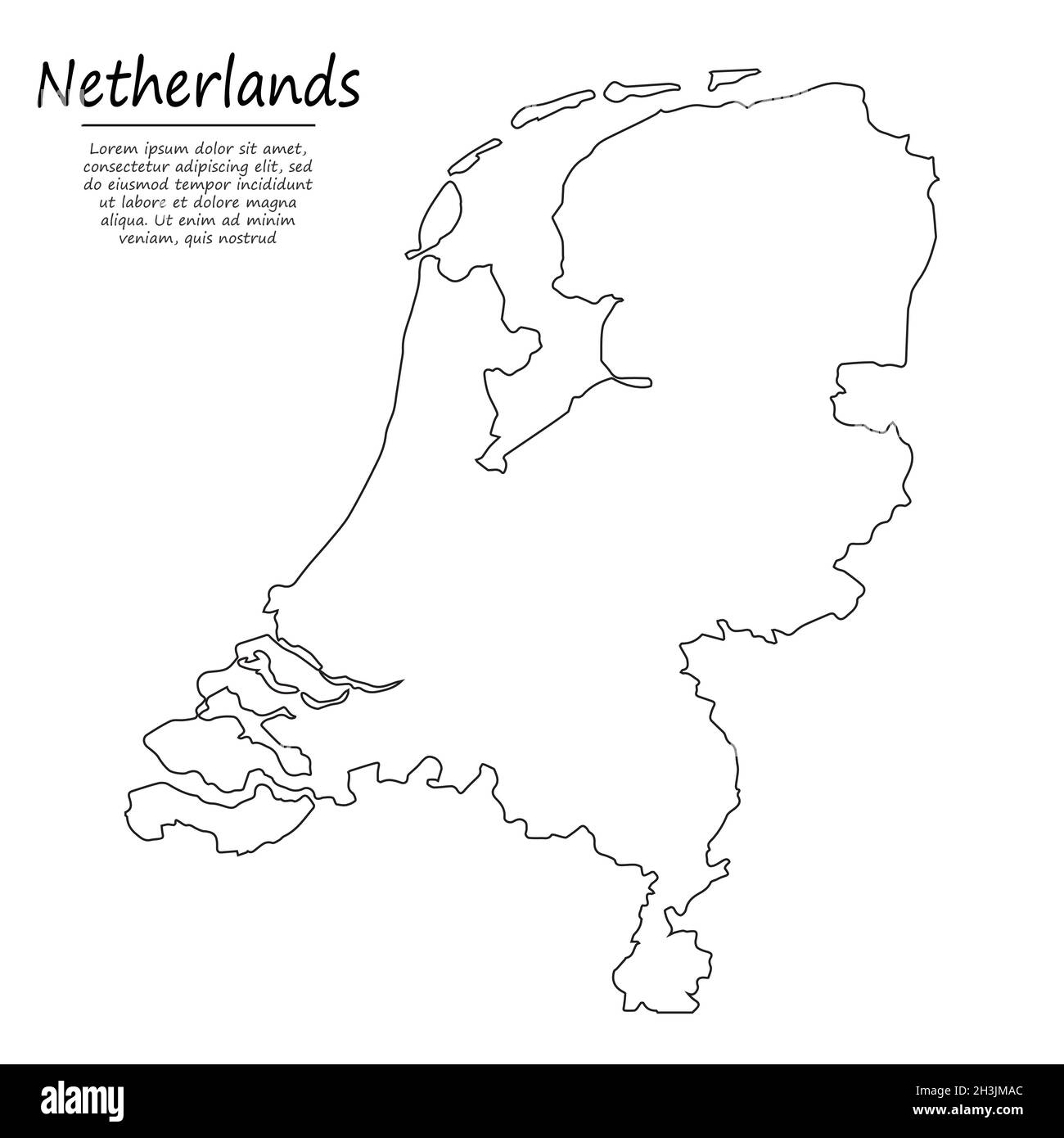 Simple outline map of Netherlands, vector silhouette in sketch line ...