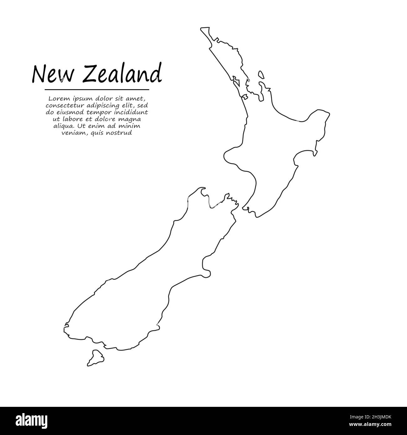 Simple outline map of New Zealand, vector silhouette in sketch line ...