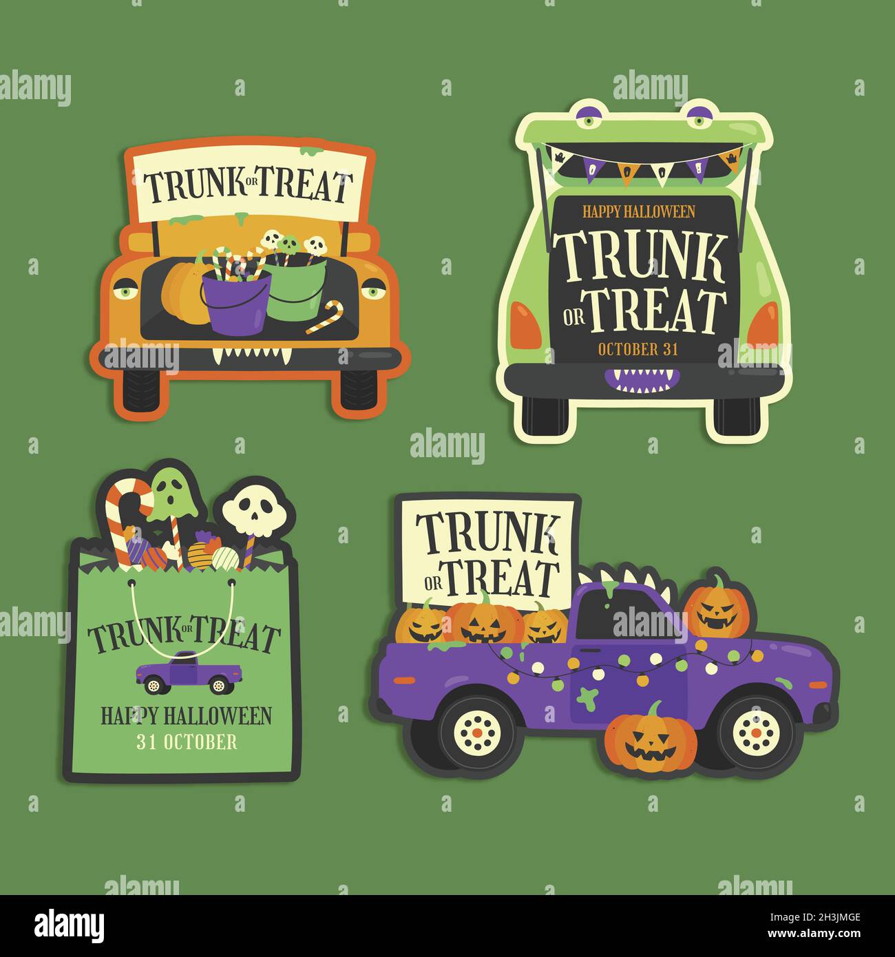 hand drawn flat trunk treat labels collection vector design ...