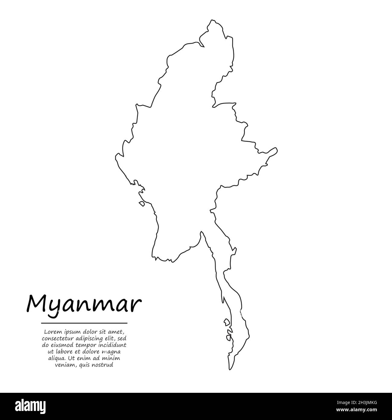 Simple outline map of Myanmar, vector silhouette in sketch line style ...