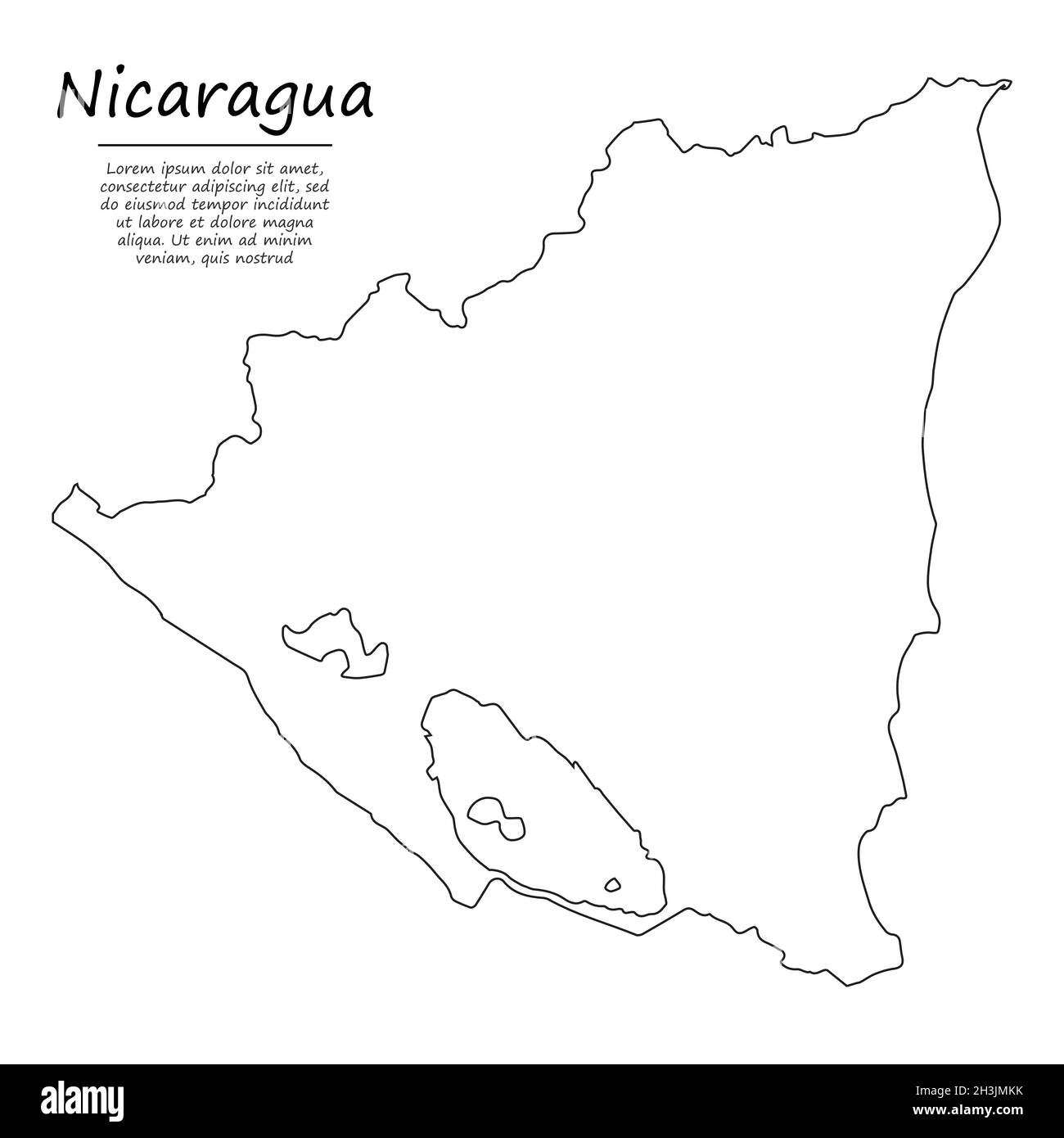 Simple outline map of Nicaragua, vector silhouette in sketch line style ...