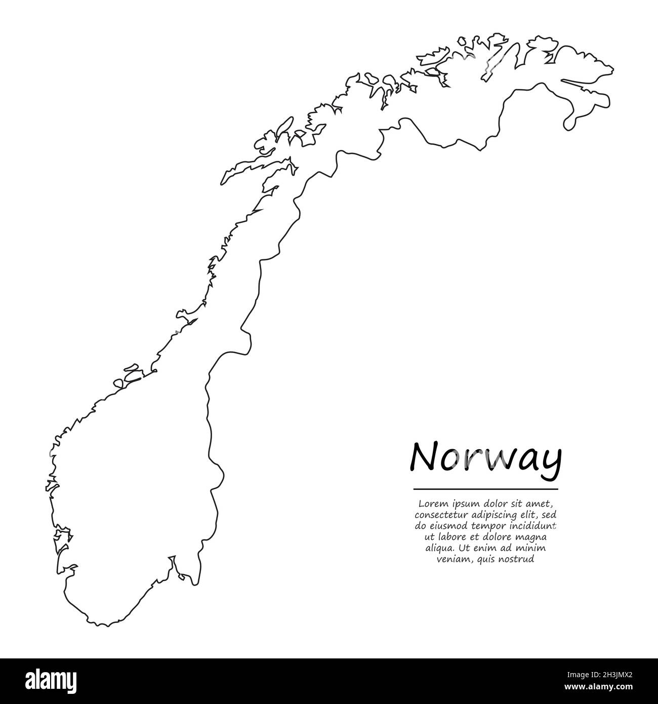 Simple outline map of Norway, vector silhouette in sketch line style ...