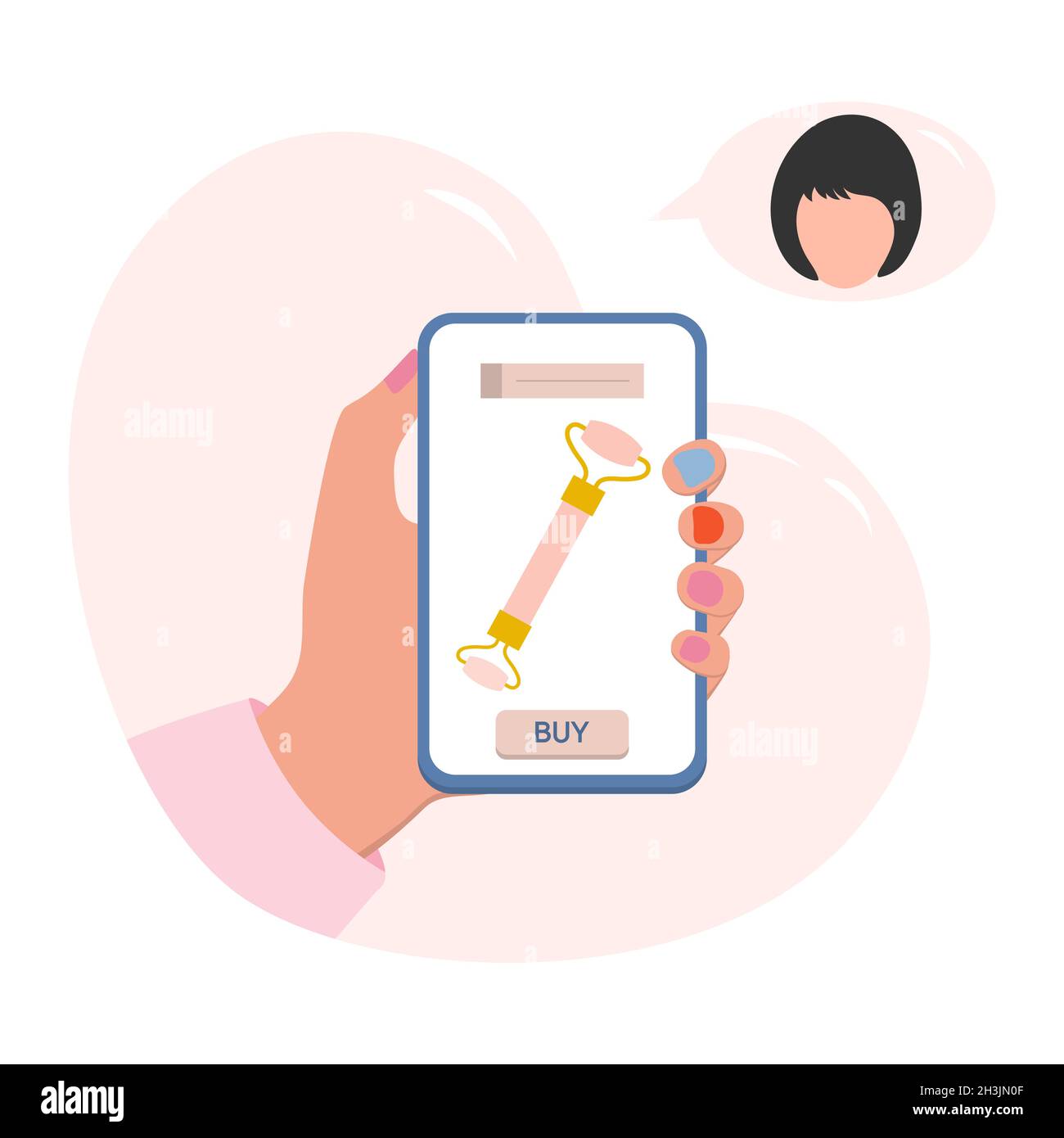 Vector illustration Hands hold cell phone. Person makes order and ...