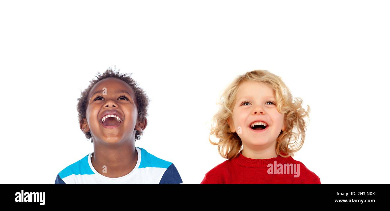 Two pensive children looking up isolated on a white background Stock ...
