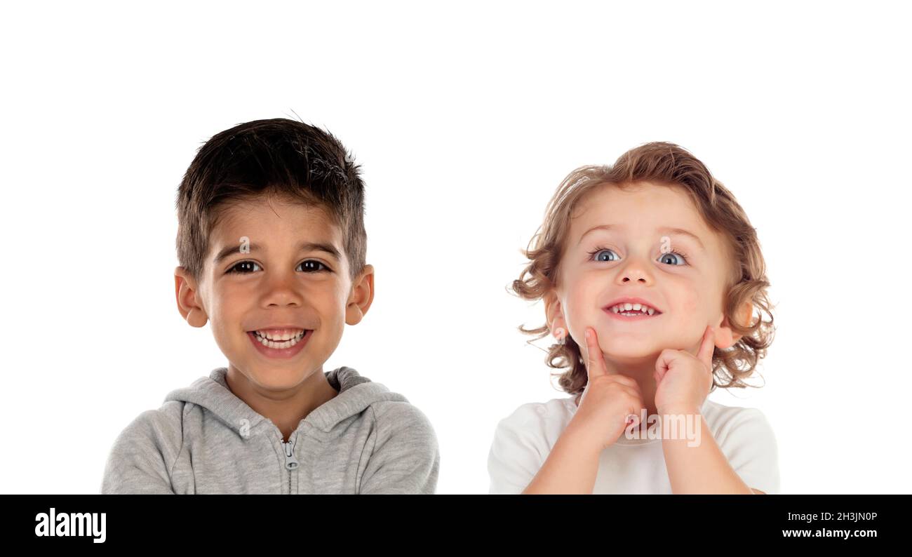 Two pensive children looking up isolated on a white background Stock ...