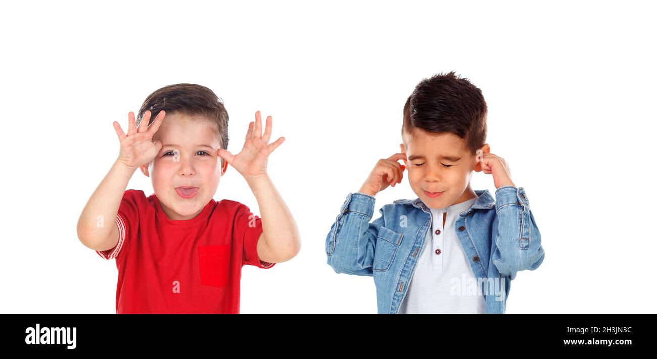 Photo of funky happy cheerful children make funny face good mood ...