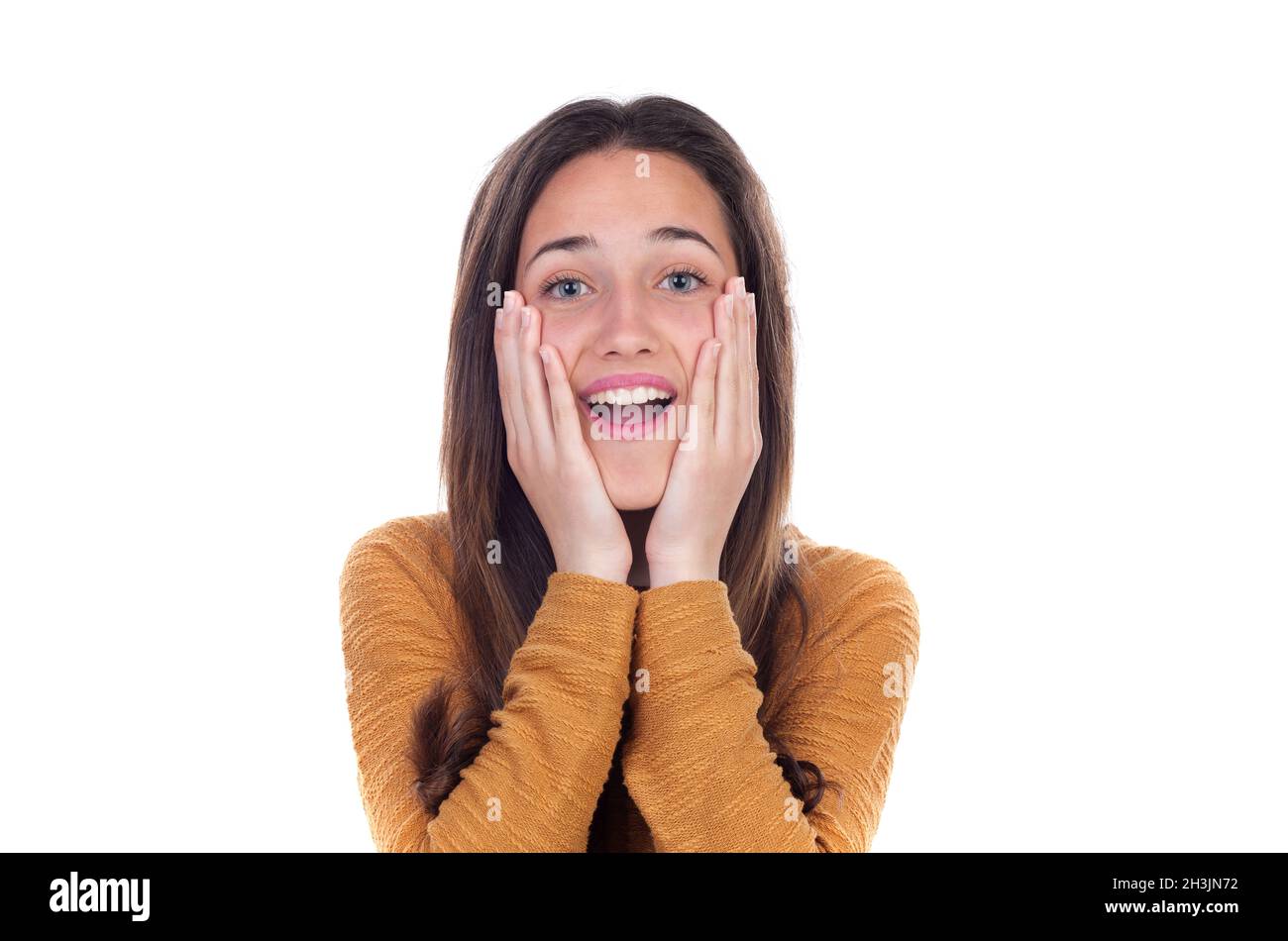 Portrait of happy surprised young woman looks excited and touching her ...