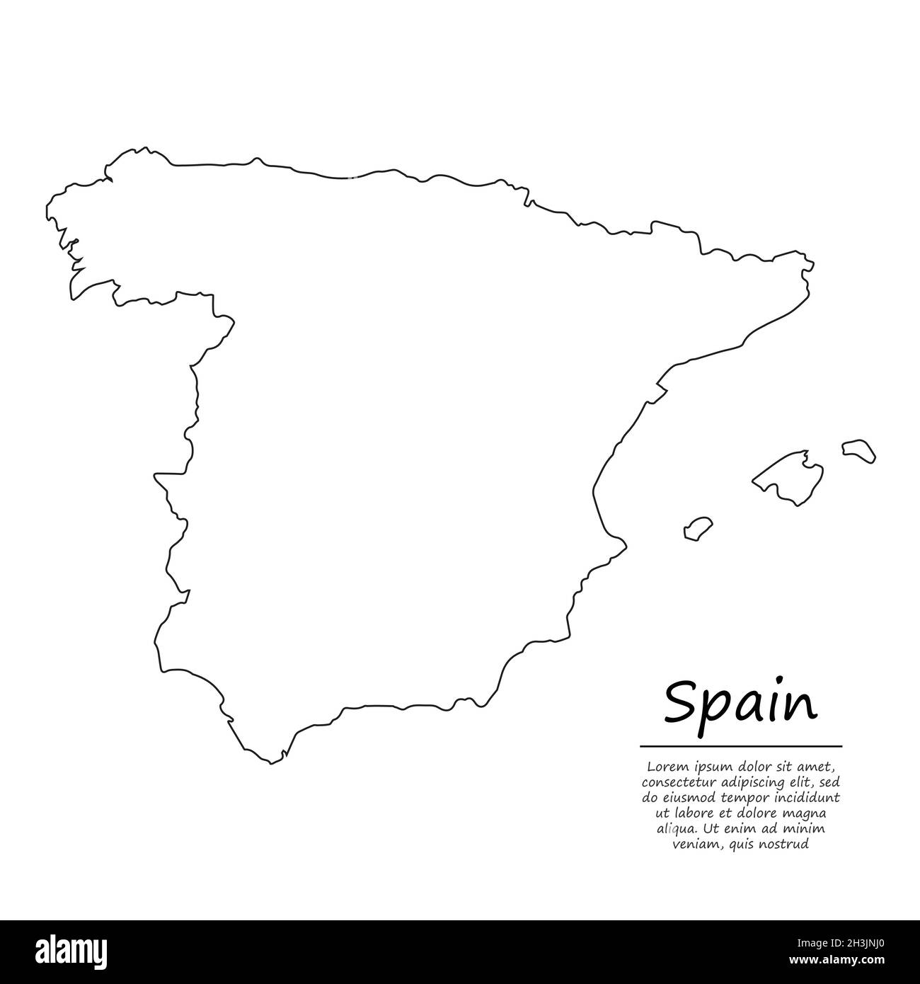 Simple outline map of Spain, vector silhouette in sketch line style ...