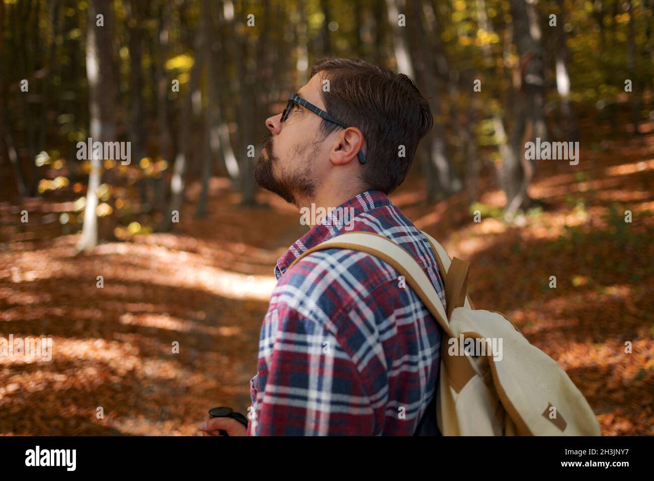 Caucasian hipster male model outdoors in nature. Colorful landscape ...