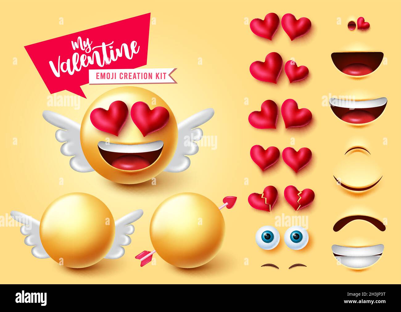 Emoji valentine creator vector set. Smiley 3d cupid emojis character ...