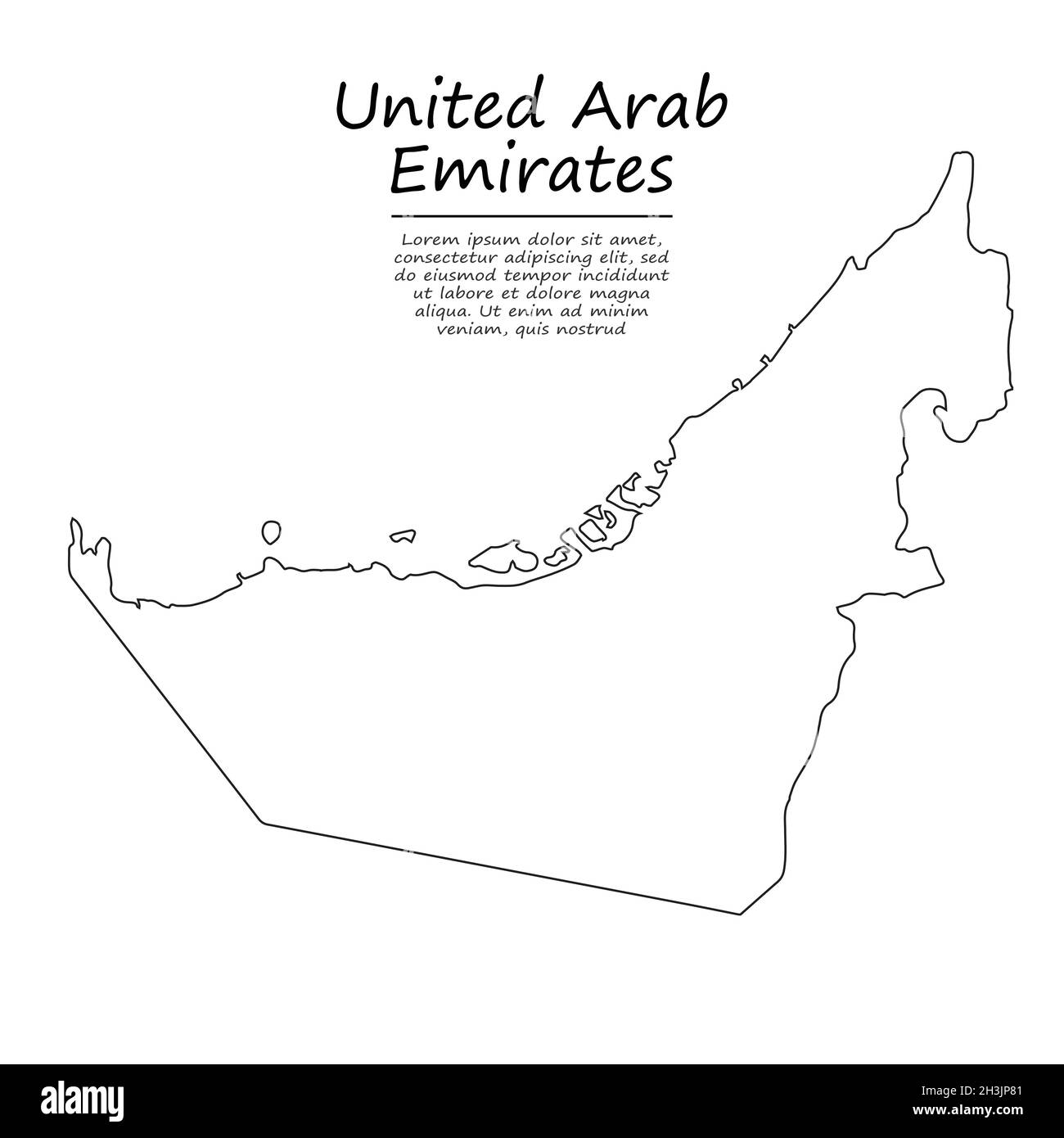 Simple outline map of United Arab Emirates, vector silhouette in sketch ...