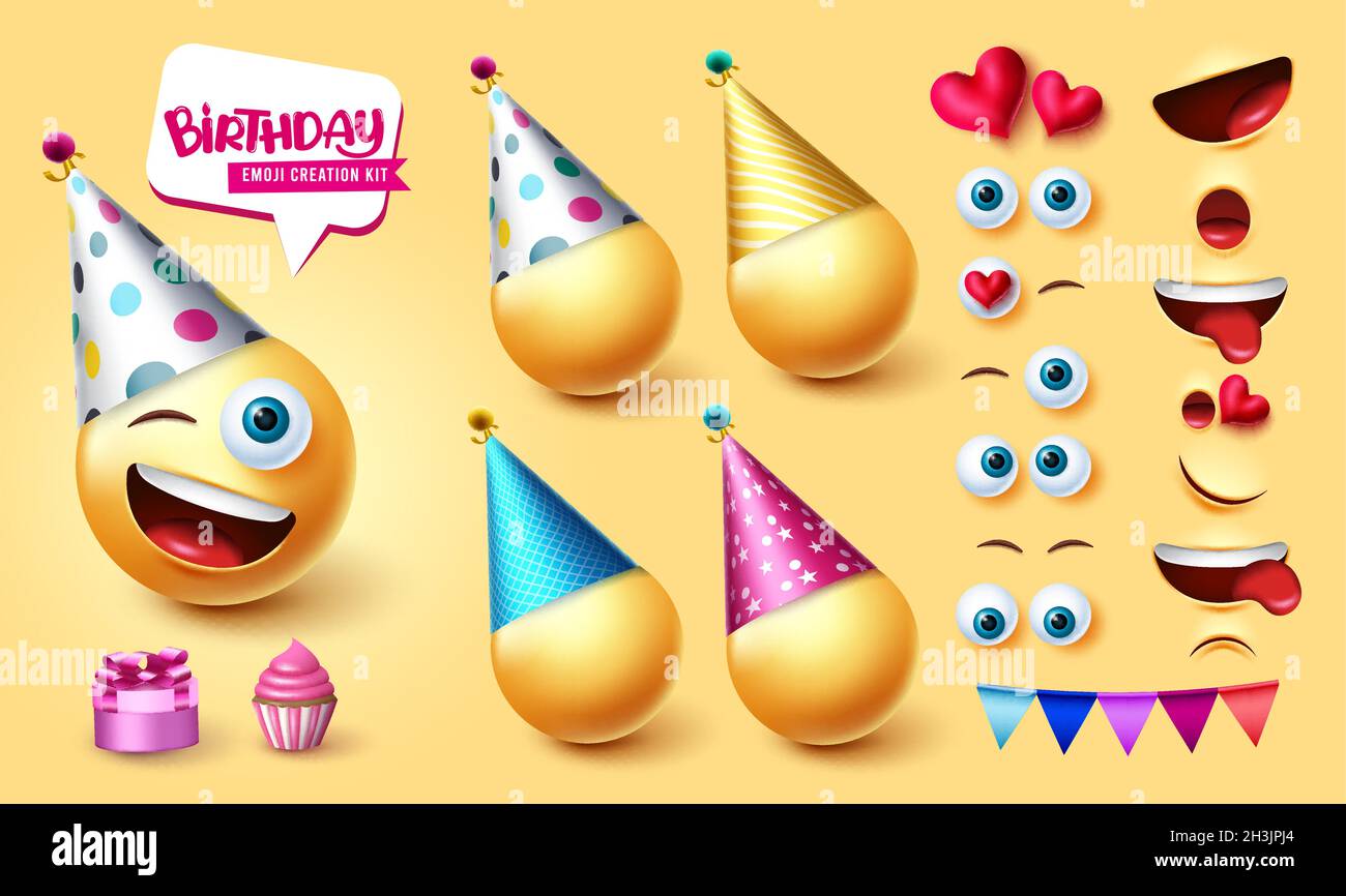 Birthday emoji creator vector set. Smiley 3d character kit with cute ...