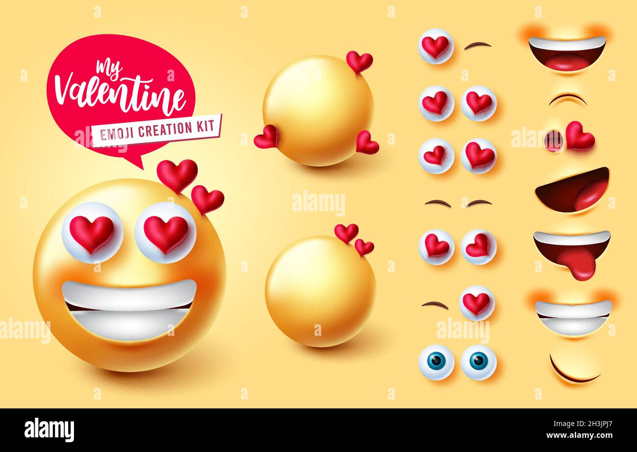 Smiley valentine creator vector set. Emoji 3d characters with face ...