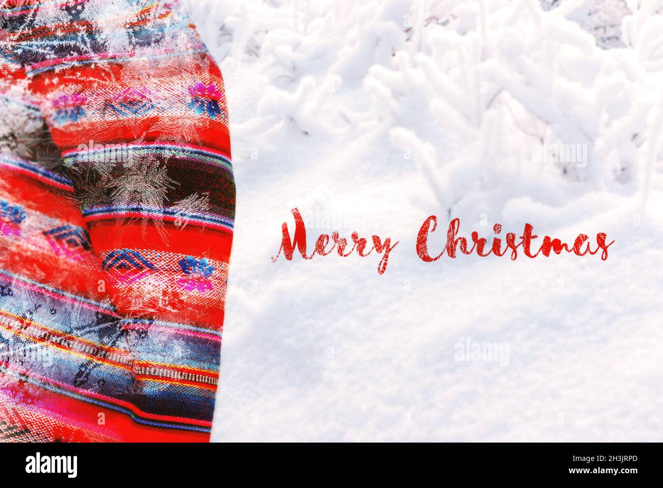 Festive Christmas holiday winter background with bright red tablecloth ...