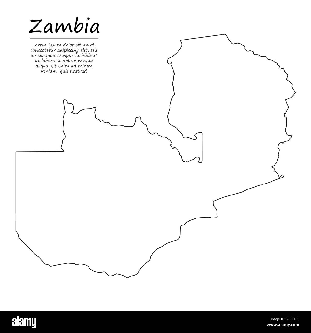Simple outline map of Zambia, vector silhouette in sketch line style ...