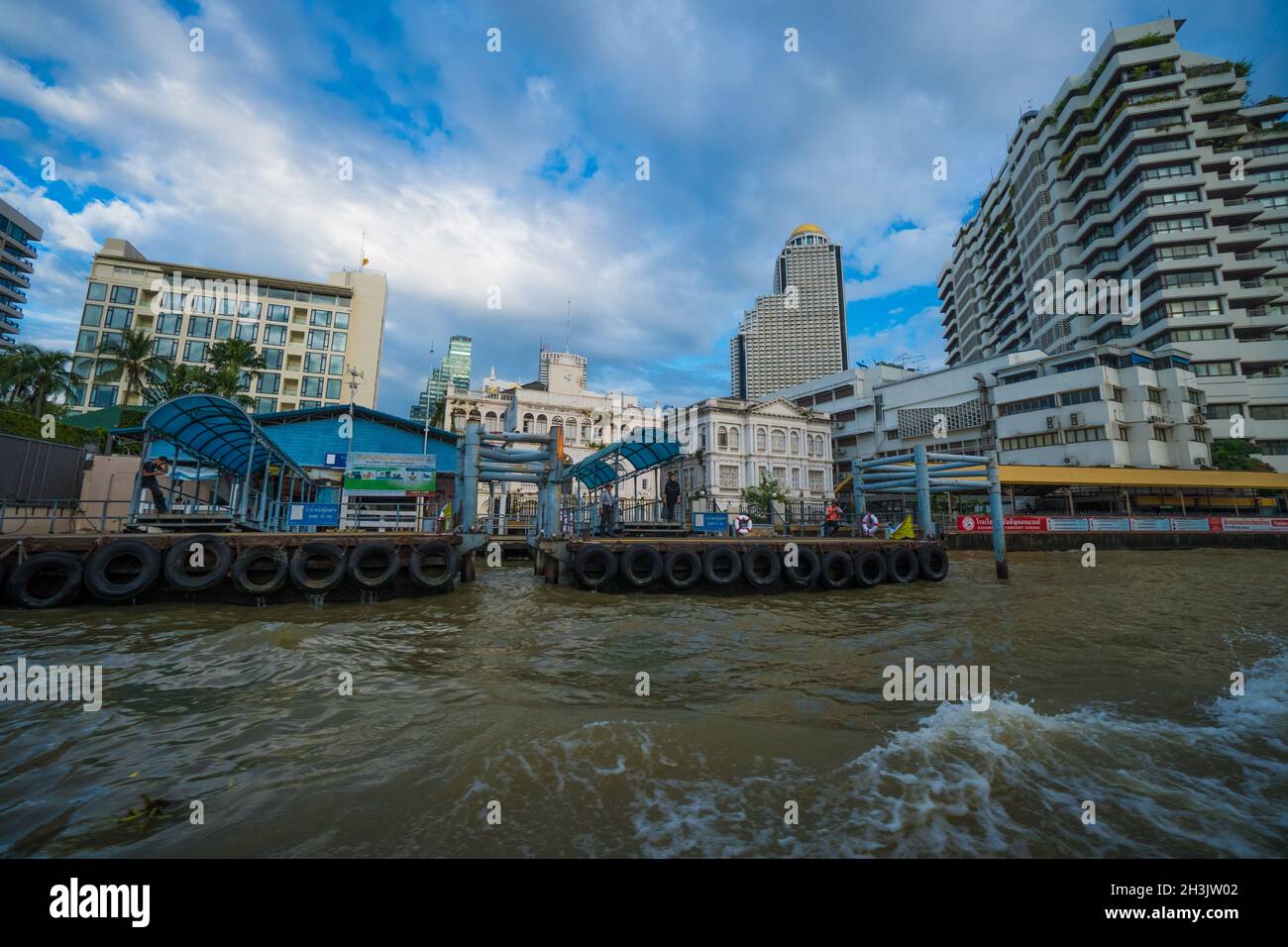 Pier for traveling along Chao Phraya River on regular city boat line in ...
