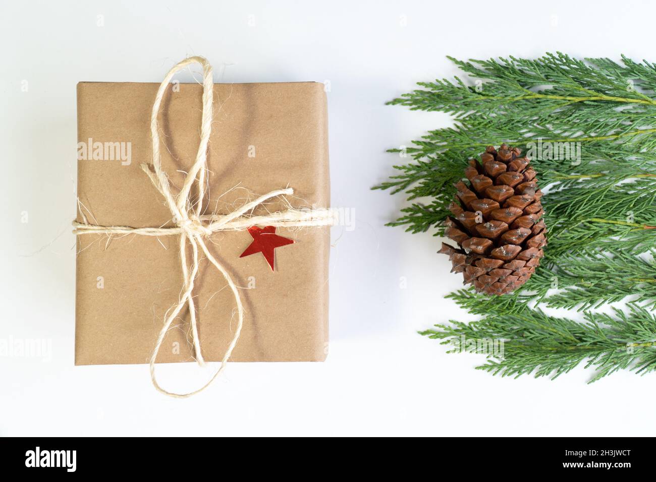 Noel gift box with pine cone and green leaves noel concept photo, top ...