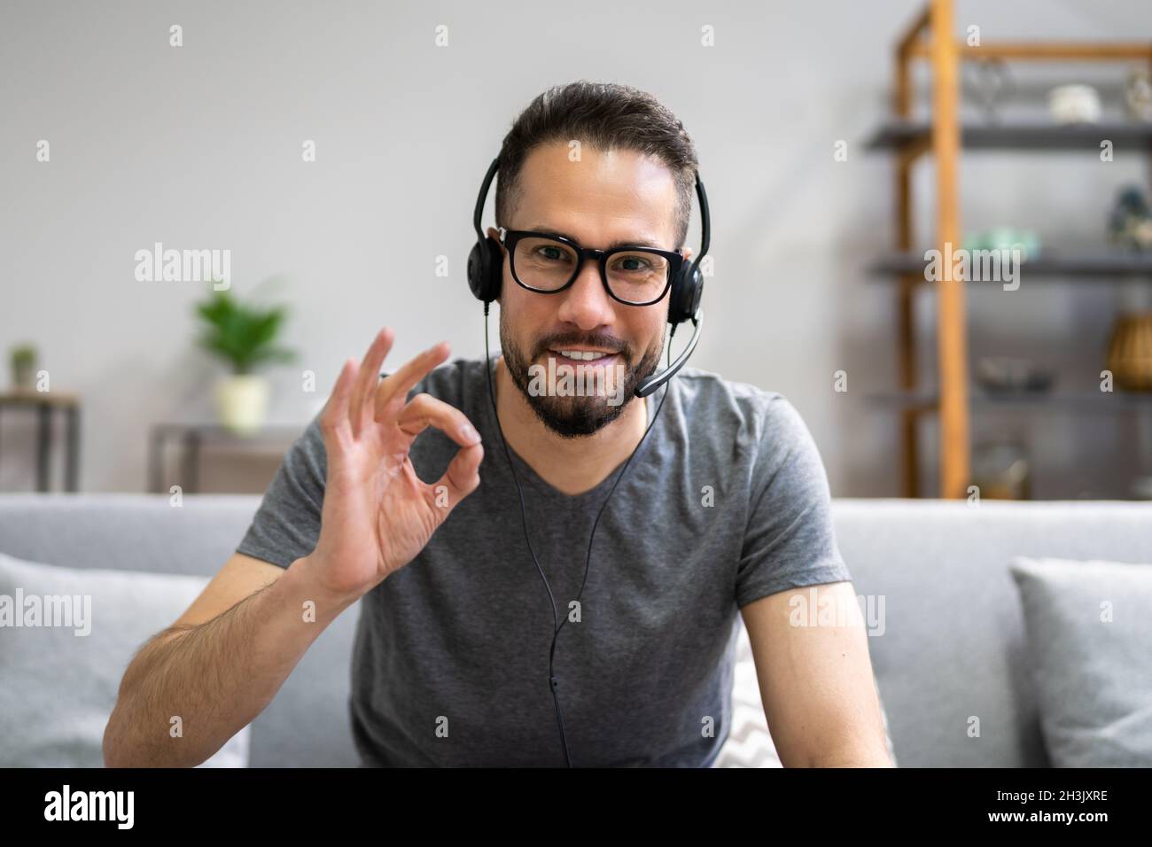 Man Showing Ok In Video Conference Webinar Portrait At Home Stock Photo ...