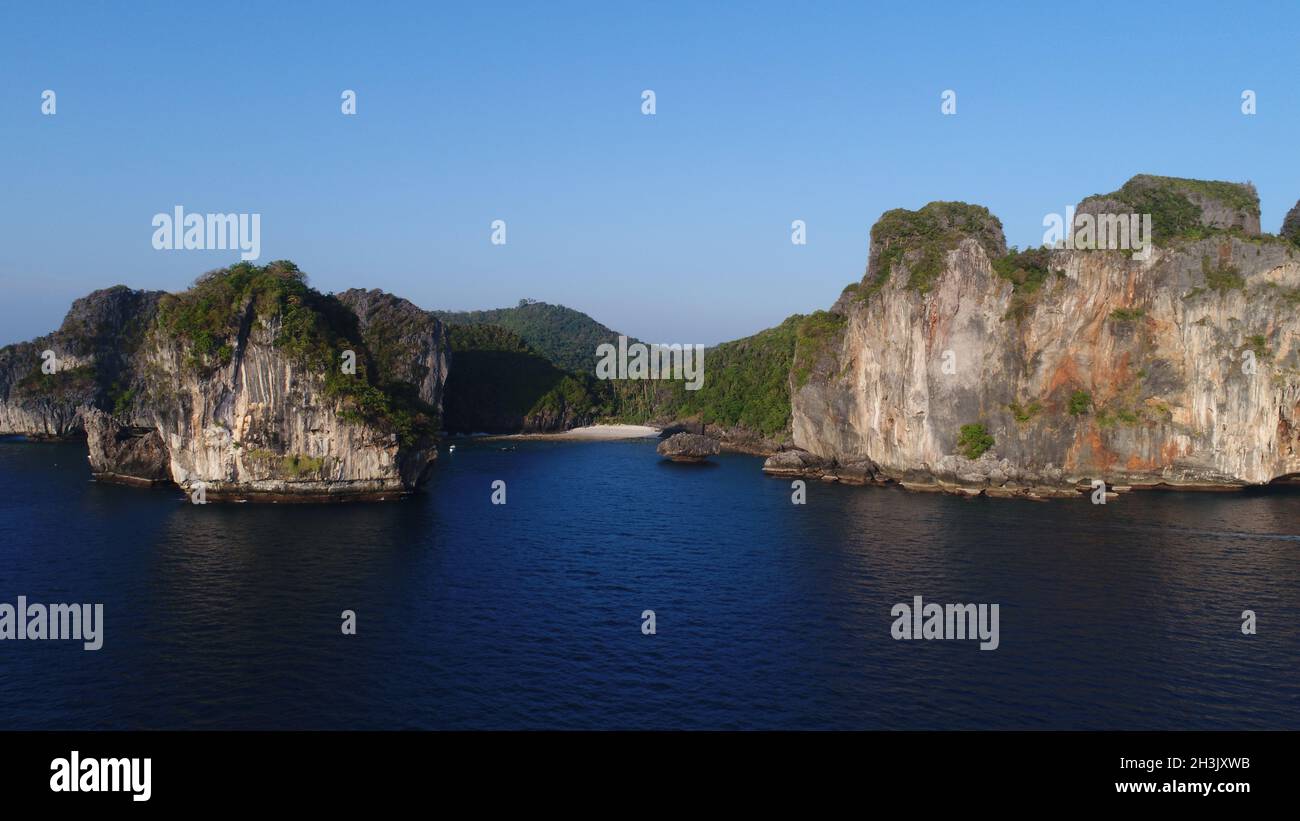Aerial drone photo of Nui Bay beach, part of iconic tropical Phi Phi ...