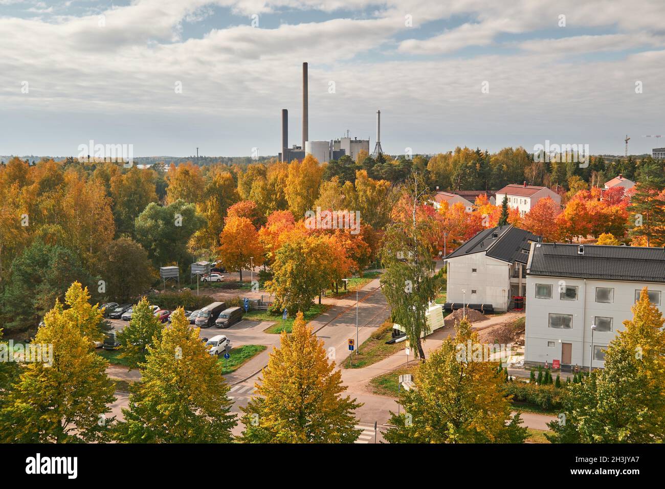 The city street in the residential district in the golden autumn in ...