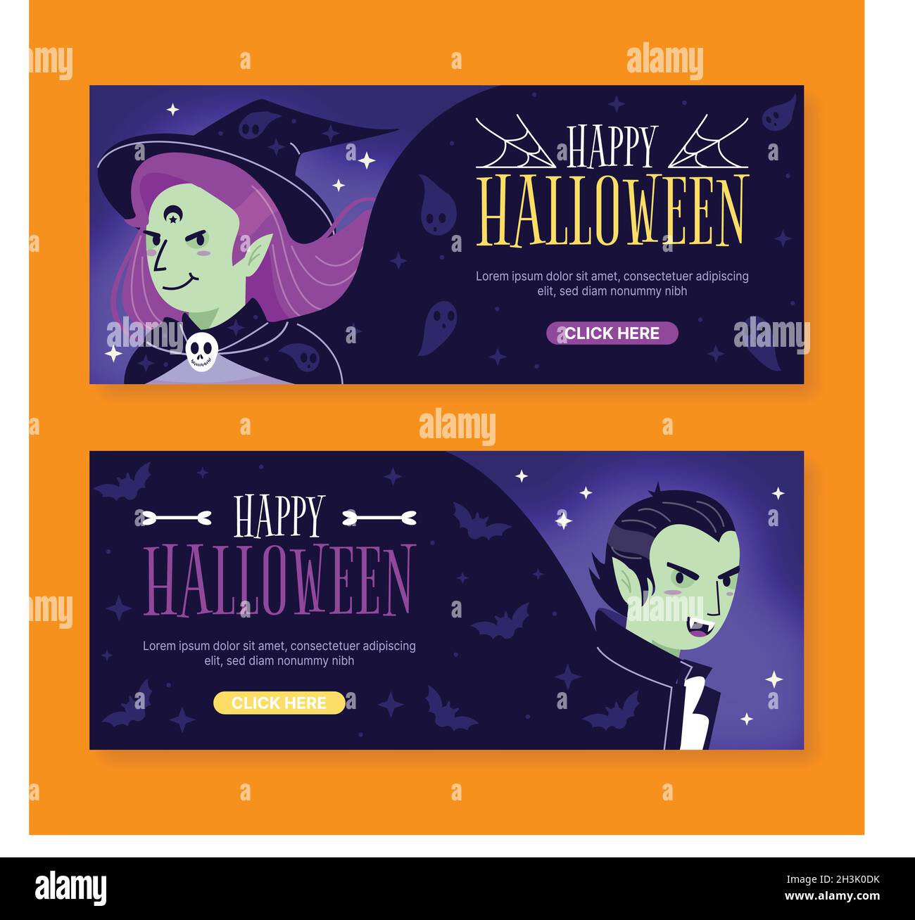 hand drawn flat halloween horizontal banners set vector design ...
