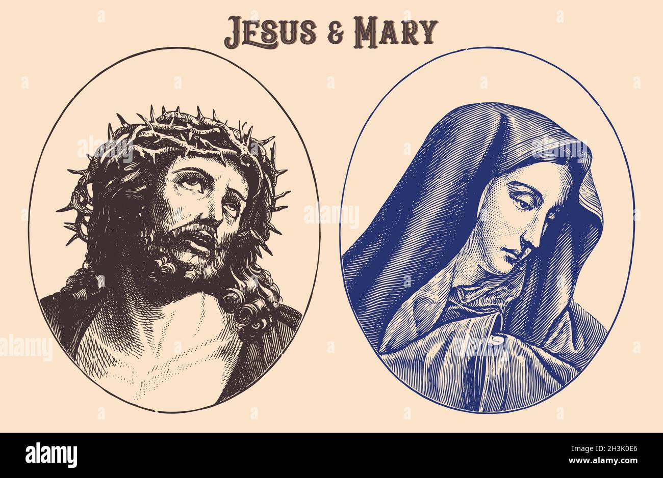 Jesus and Mary vintage vector engraving. Taken from a vintage Catholic ...