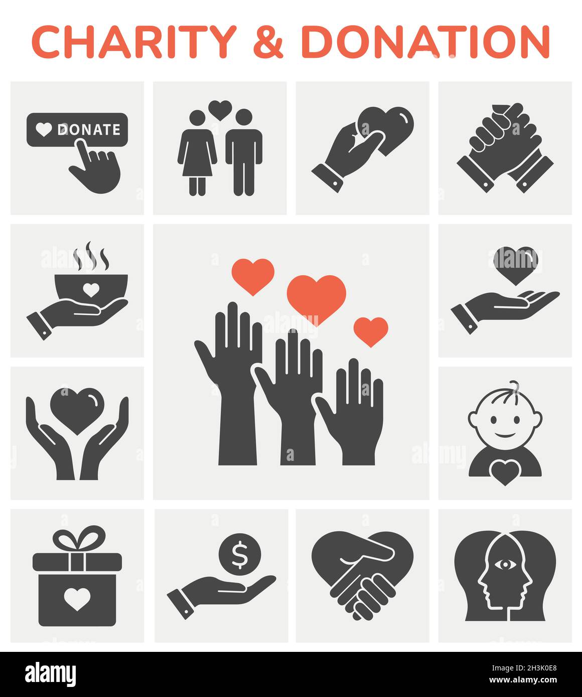 Charity icon set. Collection of handshake, donate, foundation, help ...