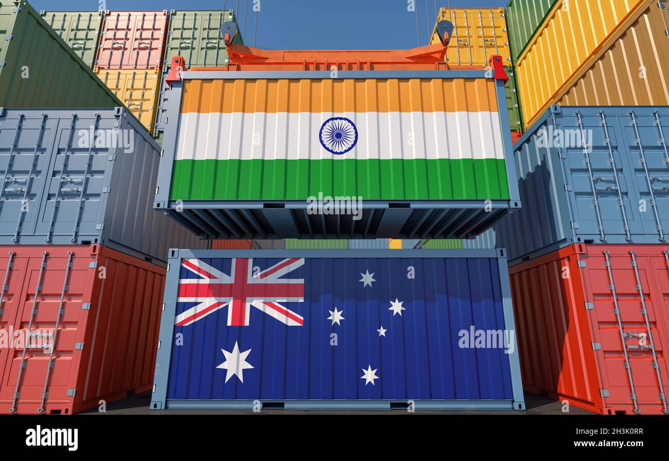 Shipping containers with Australia and India national flag. 3D ...