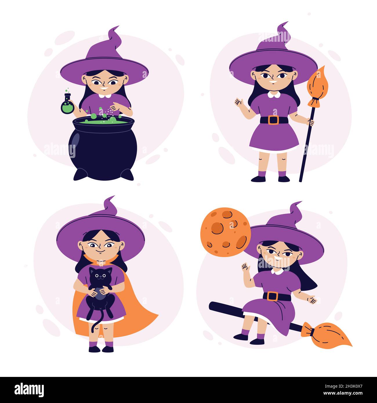 hand drawn flat halloween witches collection vector design illustration ...