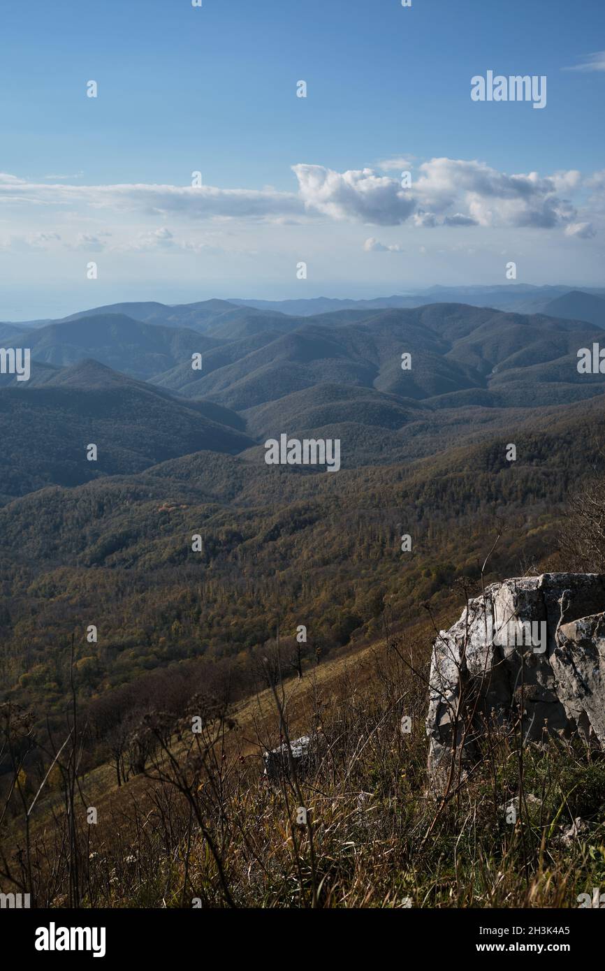 Mountain forests can be seen on horizon in distance. View from mountain ...
