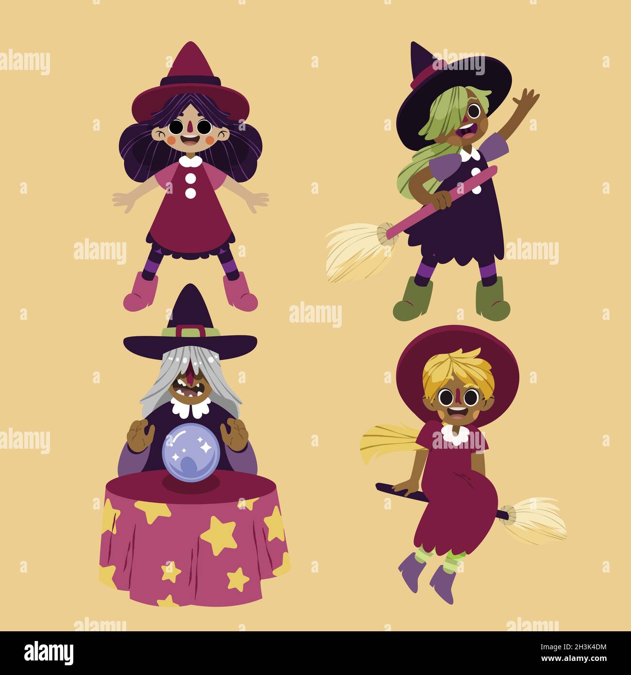 hand drawn flat halloween witches collection vector design illustration ...