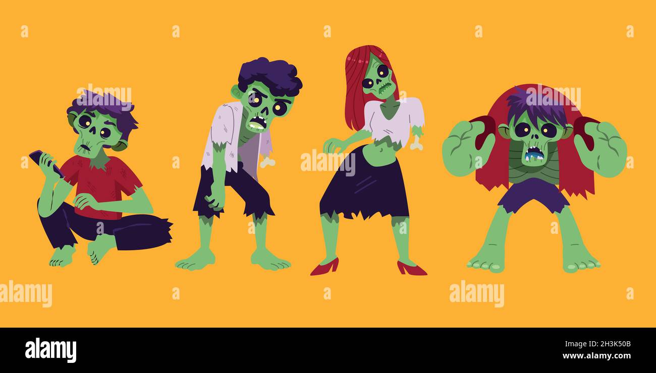 hand drawn flat halloween zombies collection vector design illustration ...