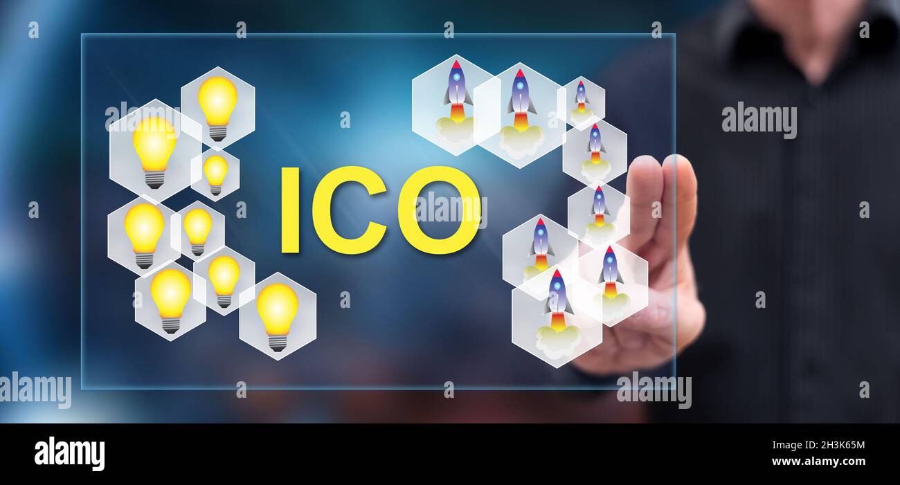 Man touching an ico concept on a touch screen with his fingers Stock ...