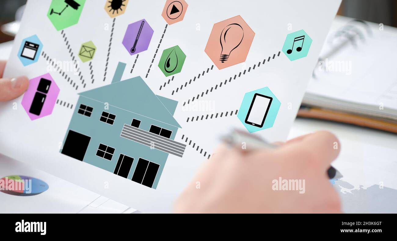 Hands holding a paper showing a smart home automation concept Stock ...