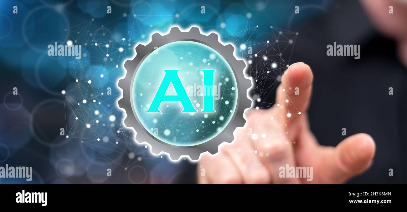 Man touching an artificial intelligence concept on a touch screen with ...