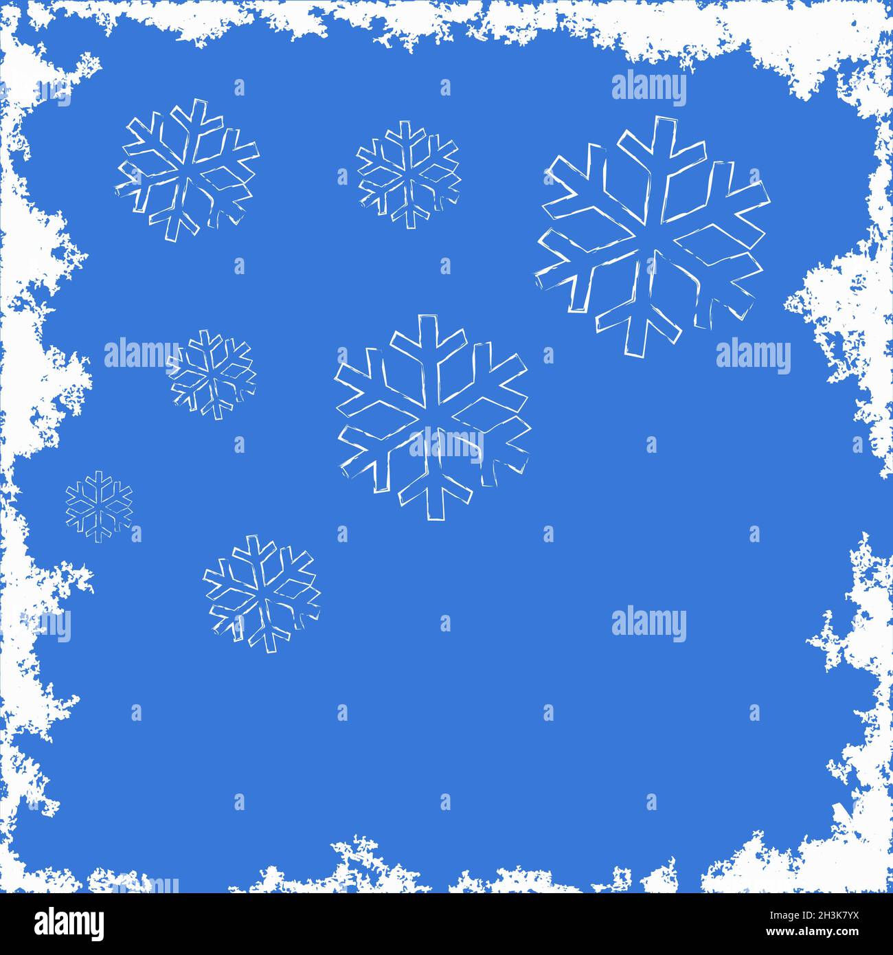 Snowflakes white and frozen frame, greeting card, blue background ...