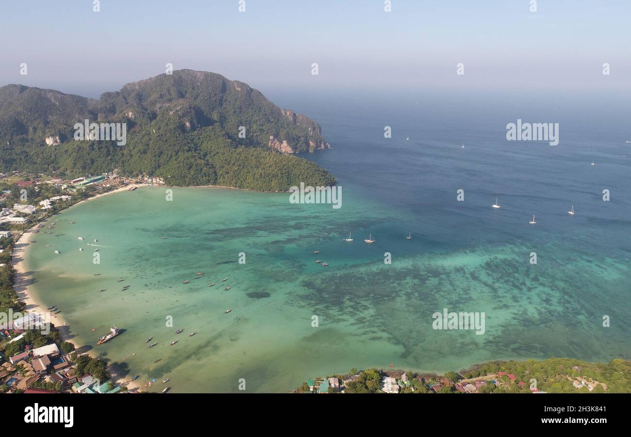 Aerial view of main Pier Ton Sai on Phi Phi Island during sunny summer ...