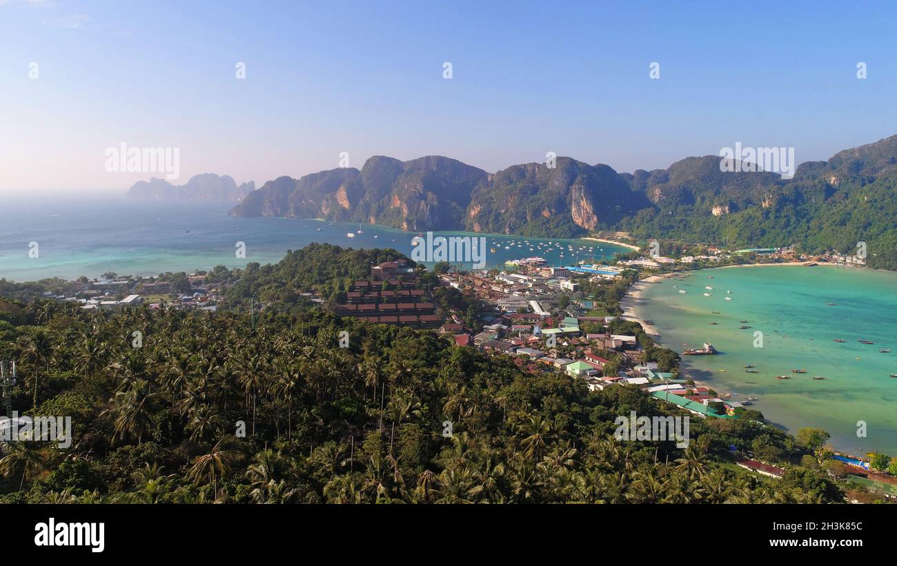 Aerial view of main Pier Ton Sai on Phi Phi Island during sunny summer ...