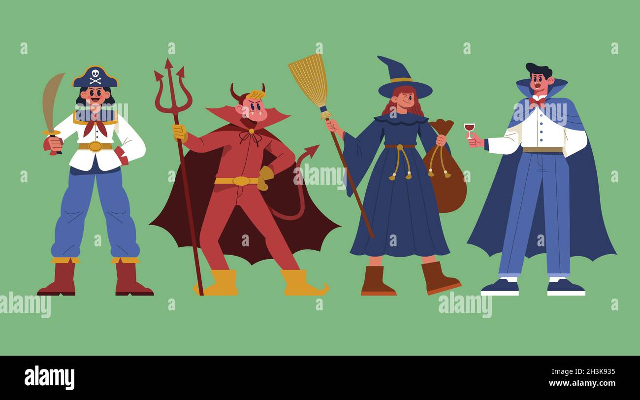 hand drawn flat halloween costumes collection vector design ...