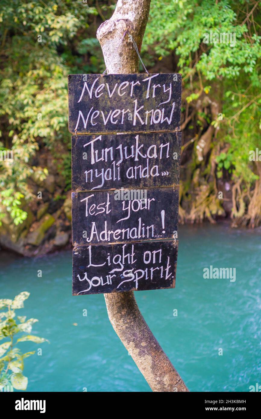 Famous signs at Kroya waterfall sign Stock Photo - Alamy