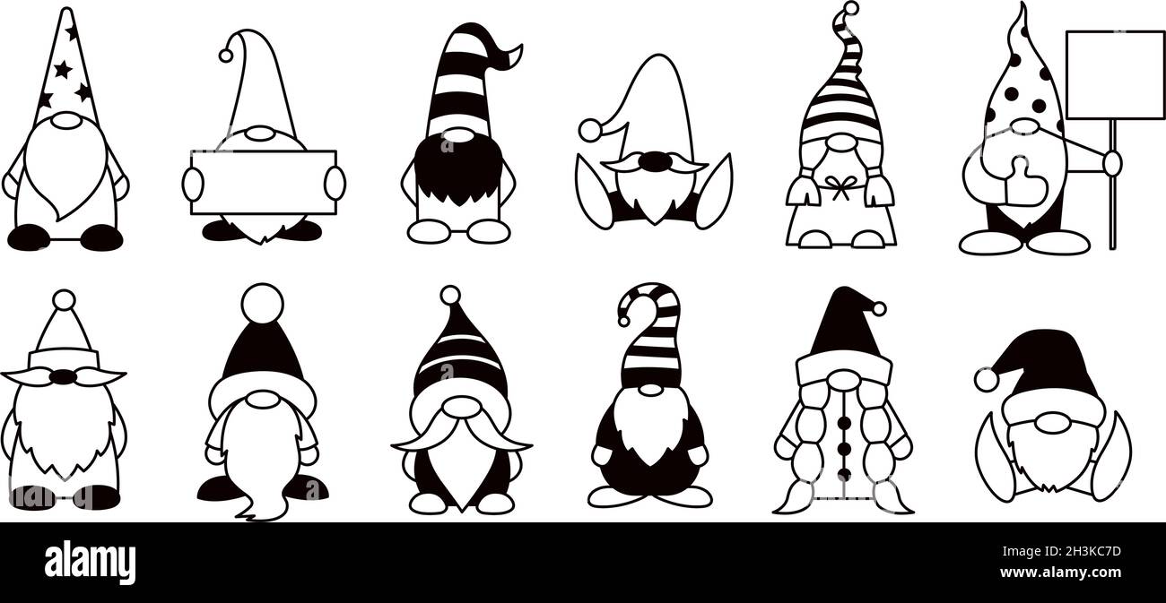 Gnomes isolated illustrations. Black and white. Set of vector cartoon ...