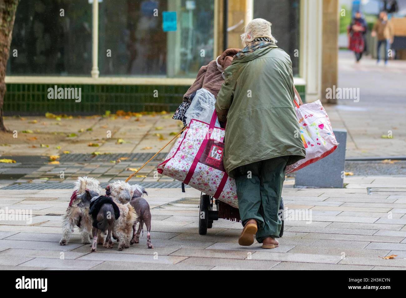 Bag lady in Preston, Lancashire. UK Weather; 29 Oct 2021. A homeless ...