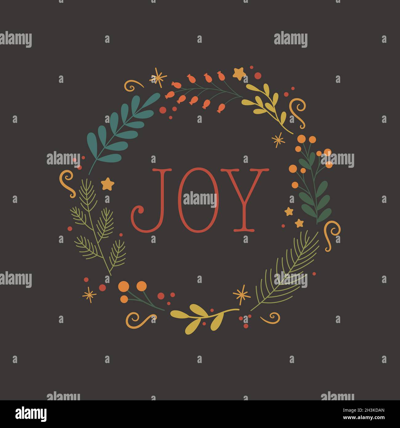 Christmas card with Joy lettering inside decorative foliage wreath ...