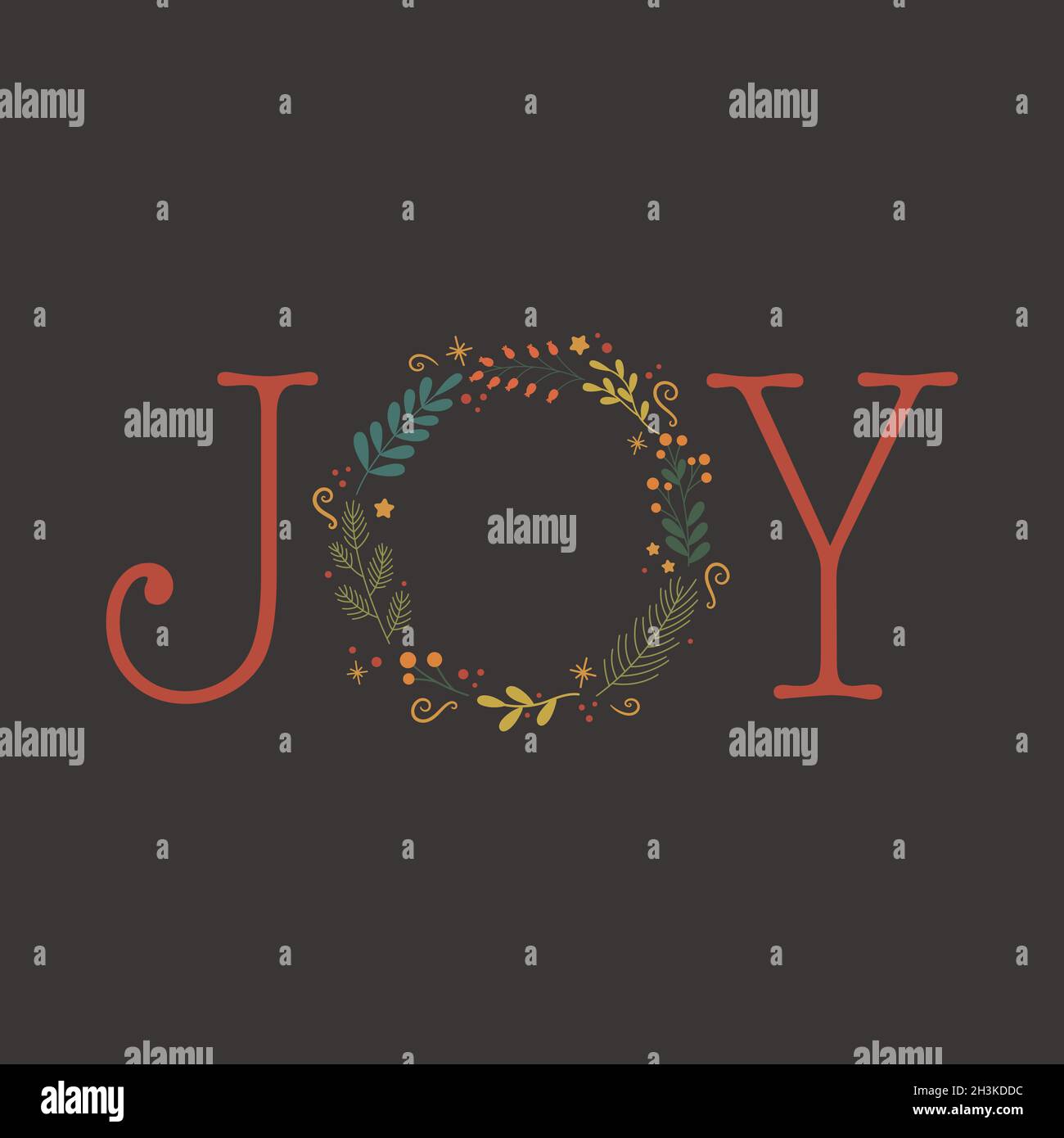 Christmas card with Joy lettering and decorative foliage wreath. Vector ...