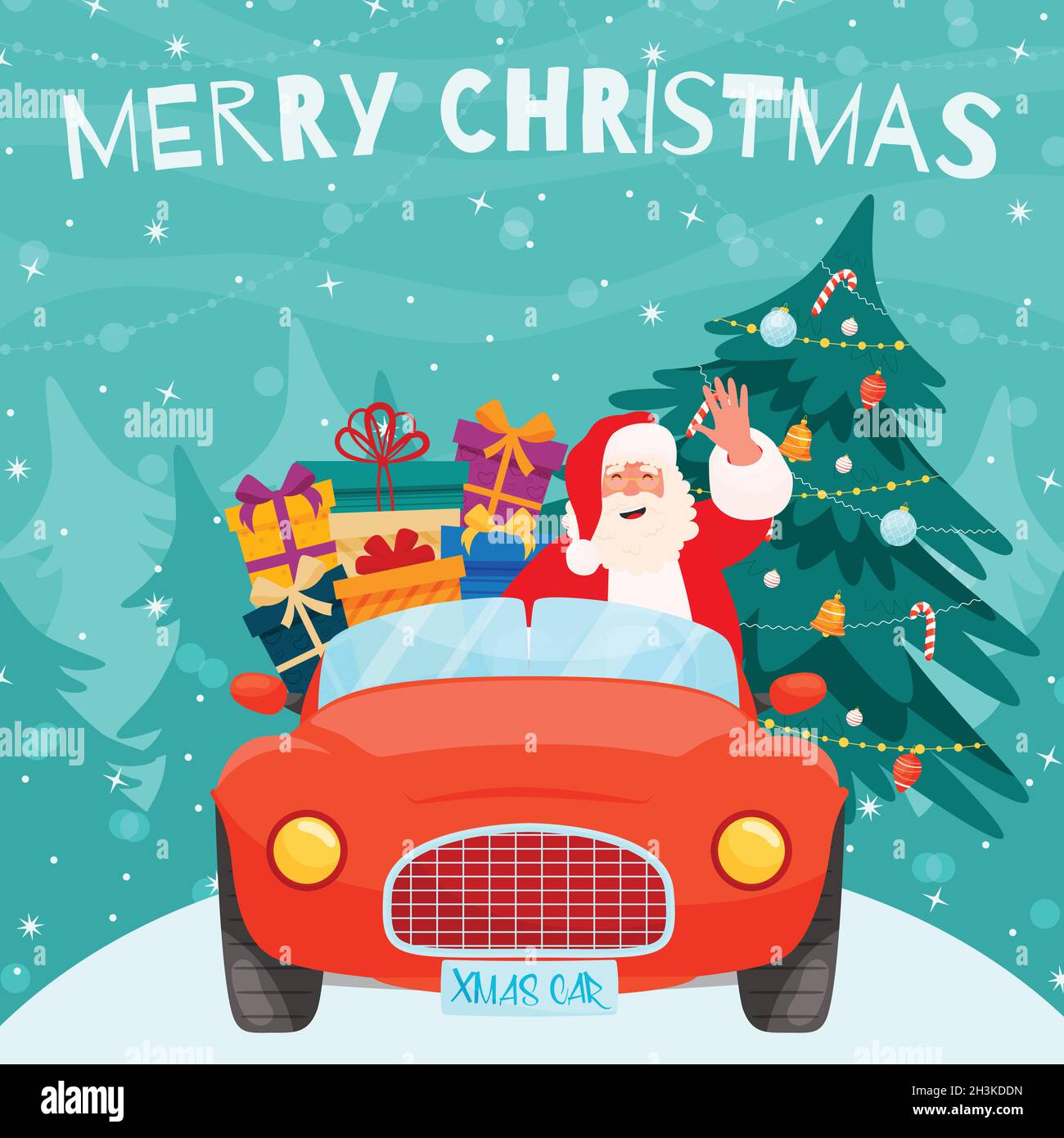 Santa driving Xmas red car with Christmas pine and gifts Stock Vector ...