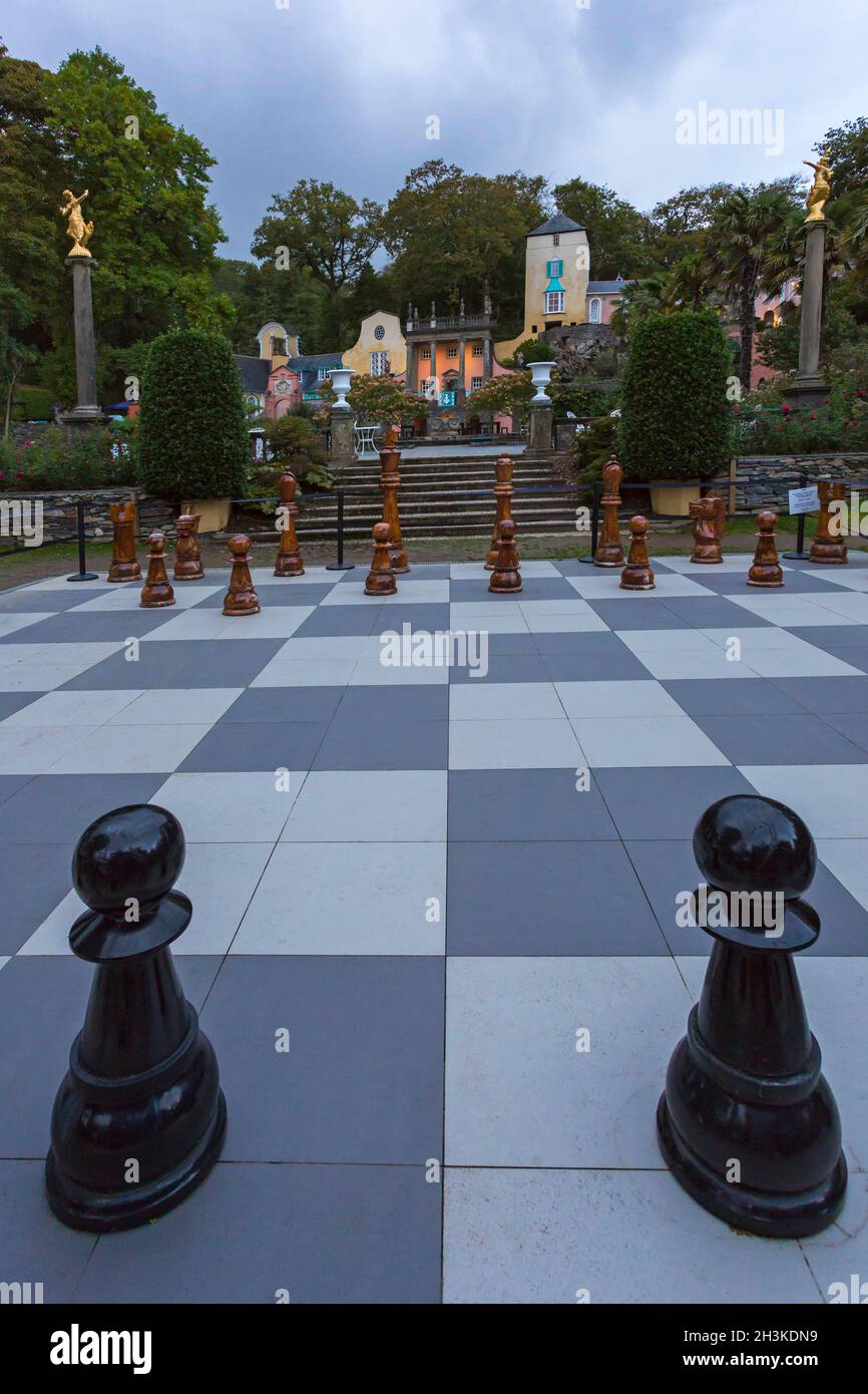 Portmeirion village, Gwynedd, North Wales chess set - at dusk in ...