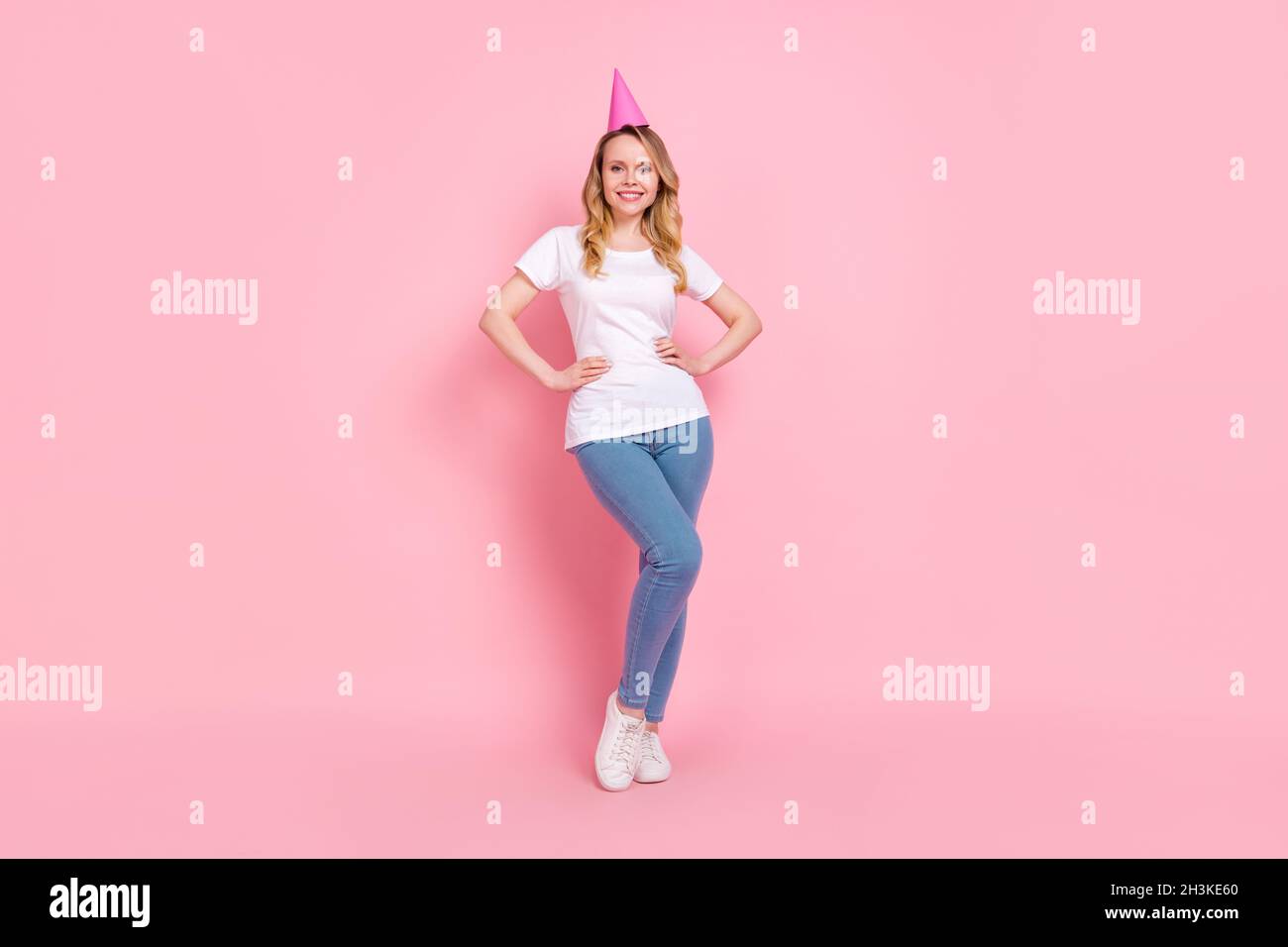 Full length body size photo girl wearing birthday cone smiling in ...