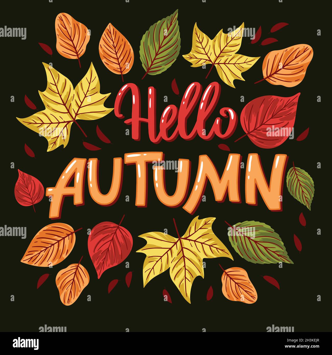 hello autumn lettering background with leaves vector design ...