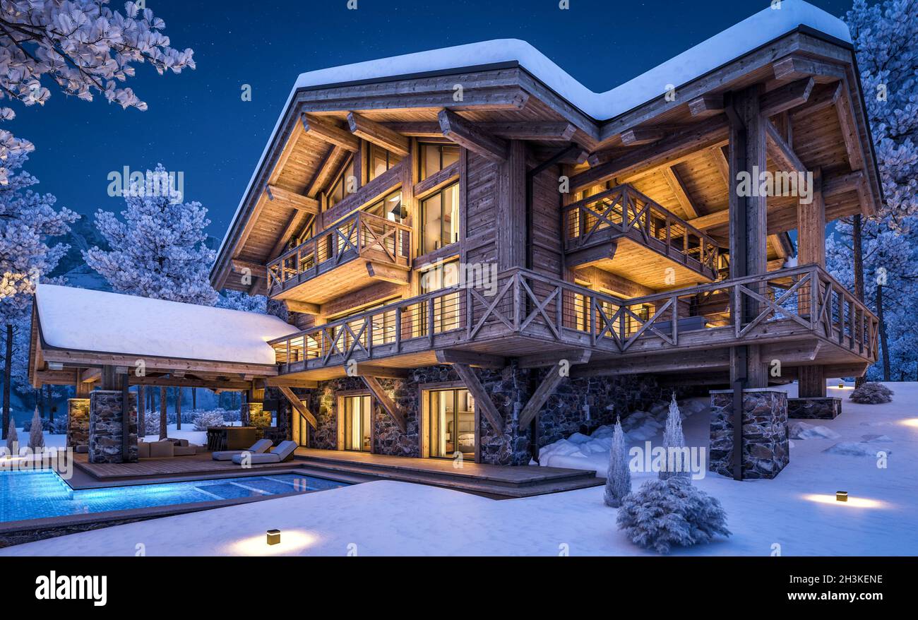 3d rendering of modern cozy chalet with pool and parking for sale or ...