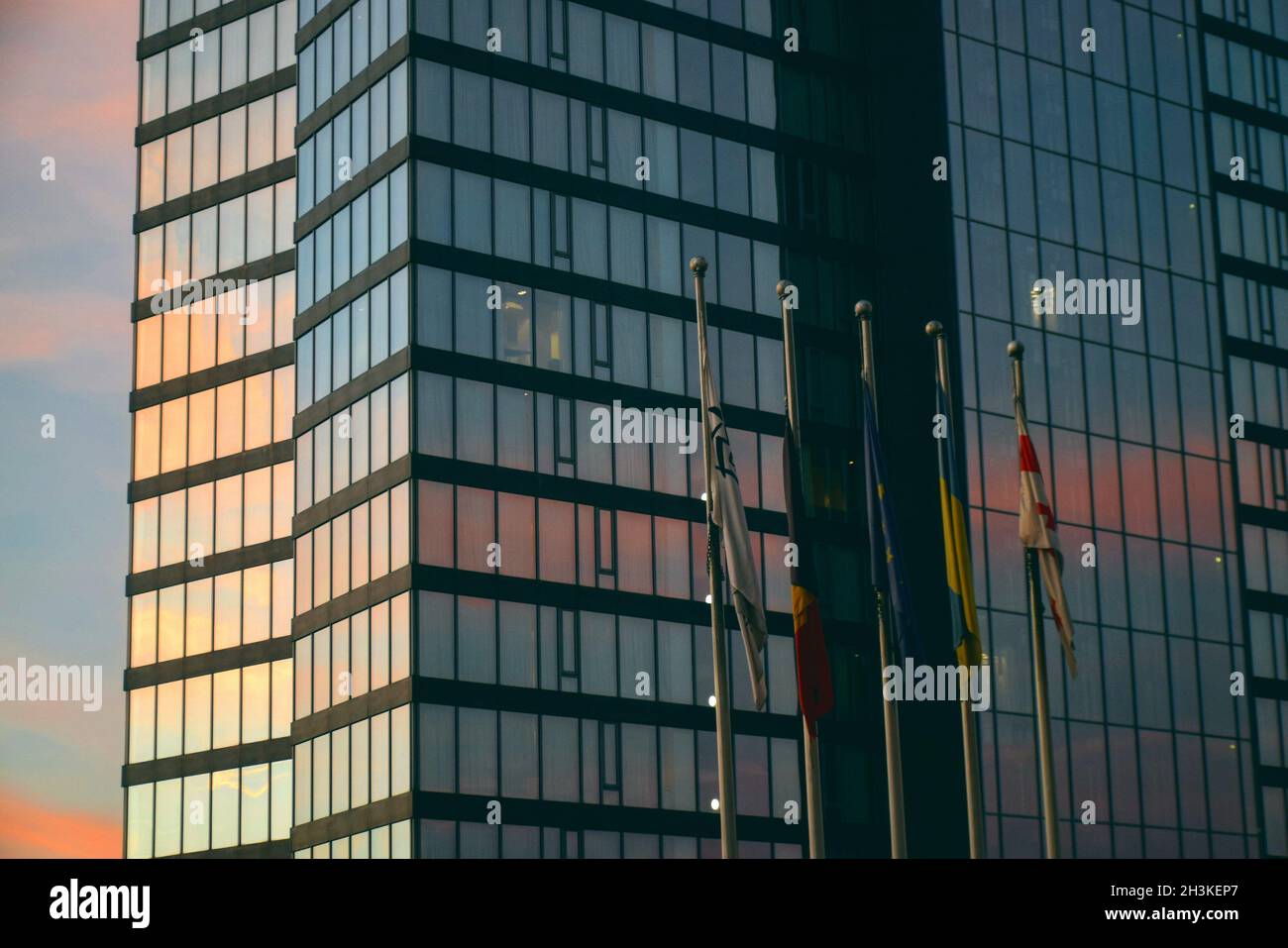 Flags of different countries against the background of a modern ...